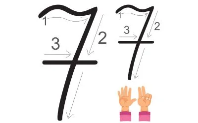 Nauka pisania cyfry 7: karty pracy do druku dla dzieci, przedszkolaków