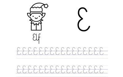 Nauka pisania litery E, karty pracy dla przedszkolaków, uczniów do druku