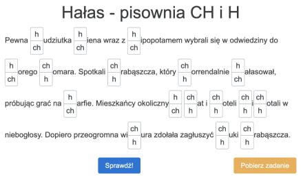 Krótkie i proste dyktando online "Hałas" na pisownię CH i H dla klas 3, 4, 5