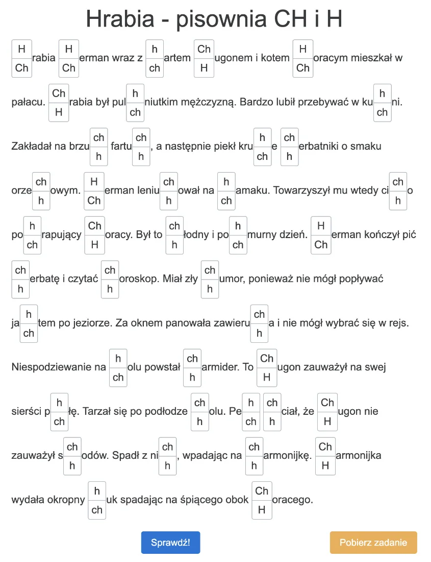 Trudne dyktando online "Hrabia" na pisownię CH i H dla klas 3, 4, 5
